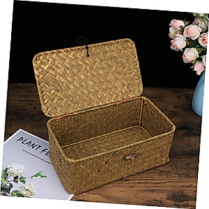 Straw Storage Basket with Lid Rattan Woven Desktop Organizer for Clothes Sundries and Home Decor