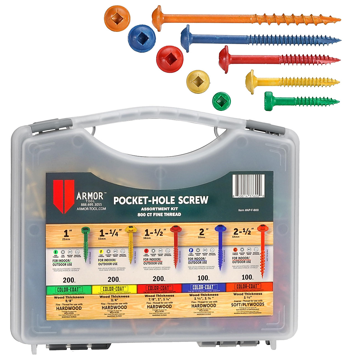 ARMOR TOOL Pocket Hole Screw Set - Fine Thread Screws 800 Piece with Color Coat & Square Drive - AP-F-800