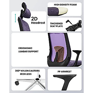 Dripex Mesh Office Chair for Home, Ergonomic Desk Chair with Arms/Lumbar Support/Mesh Back/Adjustable Headrest & Height/Wheels, Computer Chairs Tilt Reclining Swivel Rolling Chair, Purple