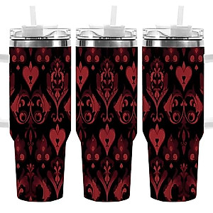 FOCIUZTA 40oz Deep Red Ornate Heart Pattern Tumbler with Lid, Travel Coffee Cup, Ideal for Easter, Gaming Enthusiast, Mother Day, and Birthday Gifts