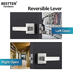 BESTTEN Satin Nickel Passage Door Lever with Removable Latch Plate, Monaco Series All Metal Square Non-Locking Interior Door Handle Set for Hallway and Closet, Modern Style