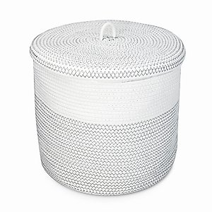 Ingenious Home –basket with lid, woven baskets for storage, nursery hamper with lid, for room living room decorative storage， multi-Purpose lidded basket( Gray line 16D x 14H inch)