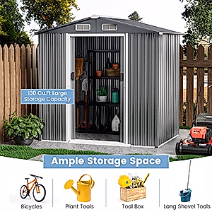 Goplus 6' x 4' Outdoor Storage Shed, Weather-Resistant Galvanized Metal Tool House w/ 4 Air Vents, Lockable Sliding Doors, Ramp, Gloves, Utility Tool Organizer for Garden, Farm, Yard