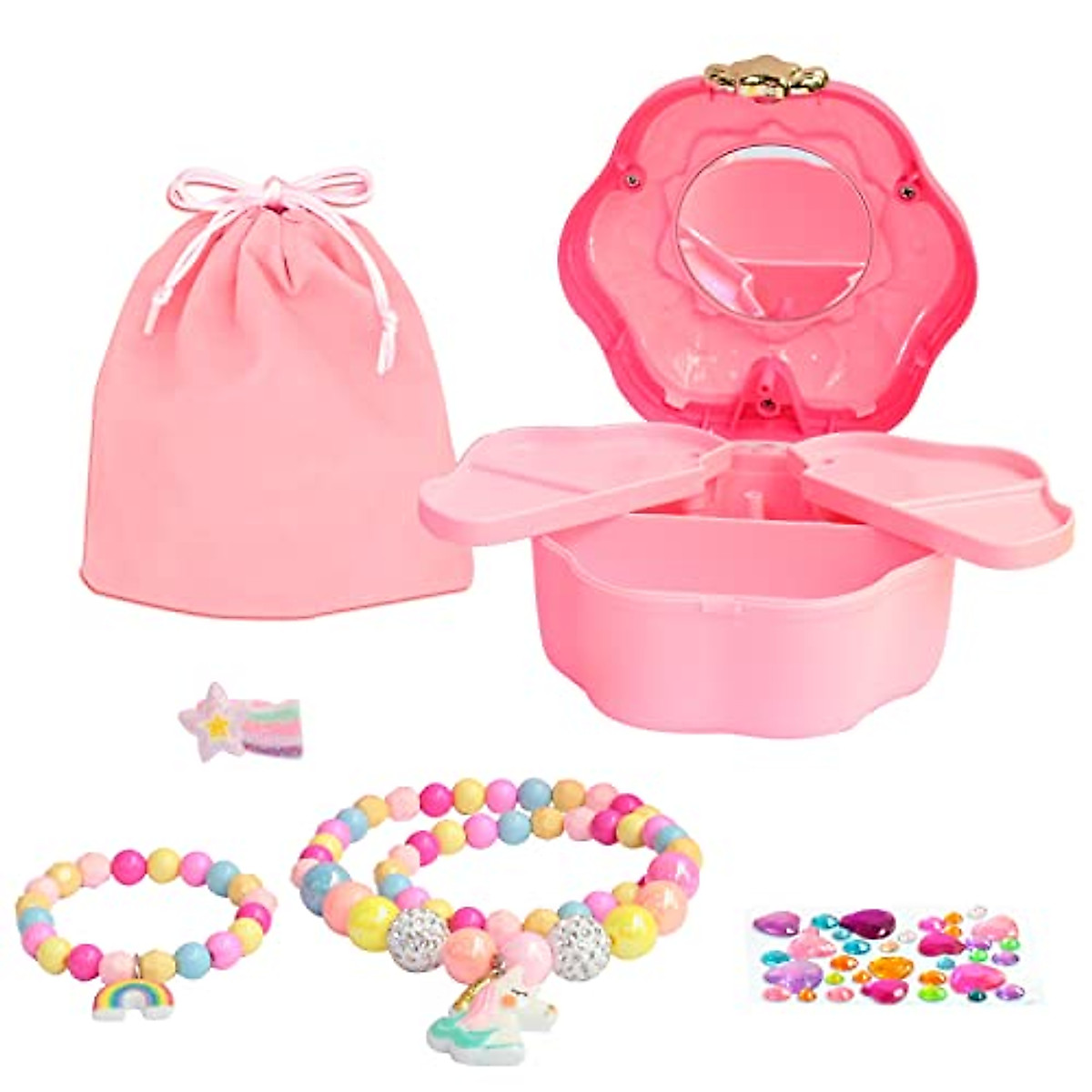 Zubumdy Kids Musical Jewelry Box With Light Unicorn Jewelry Set, Toddlers Jewelry Gift Set Girls Pretend Play Princess Dress Up Necklace Bracelet Ring Dreamy Pink