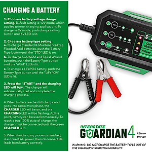 Interstate Batteries 12V, 6V Battery Charger & Maintainer (12V and 6V, 4.0A) Portable, Automatic, Trickle Charging for LiFePO4, Deep-Cycle, Automotive, AGM, Powersports, Boats (CHGIB40)