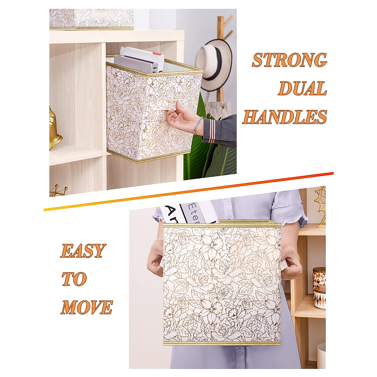 DAMAHOME Collapsible Storage Cube Bins - Fabric Cubby Organizer,Gold Flower Decorative Shelf Basket Dual Handles,11 Inch Metallic Box For Nursery/Home Office/Closet/Kids Room/4-Pack(Flower Gold)