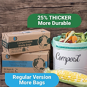 GREENER WALKER 100% Compostable Trash Bags, 1.6 Gallon-150Bags, Food Scrap Kitchen Waste Bags with EN13432 Certified