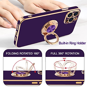 Hython for iPhone 13 Pro Max Case with Ring Stand [360°Rotatable Ring Holder Magnetic Kickstand] [Plated Rose Gold Edge] Slim Soft TPU Cover Luxury Protective Phone Case for Women Men, Dark Purple