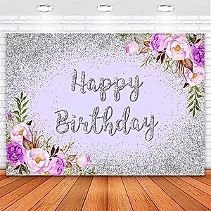 Avezano Purple and Silver Birthday Backdrop Purple Flower Sliver Bokeh Dots Birthday Party Background Adults Women Men 30th 40th 50th 60th 70th Birthday Party Banner Backdrops (7x5, Purple)