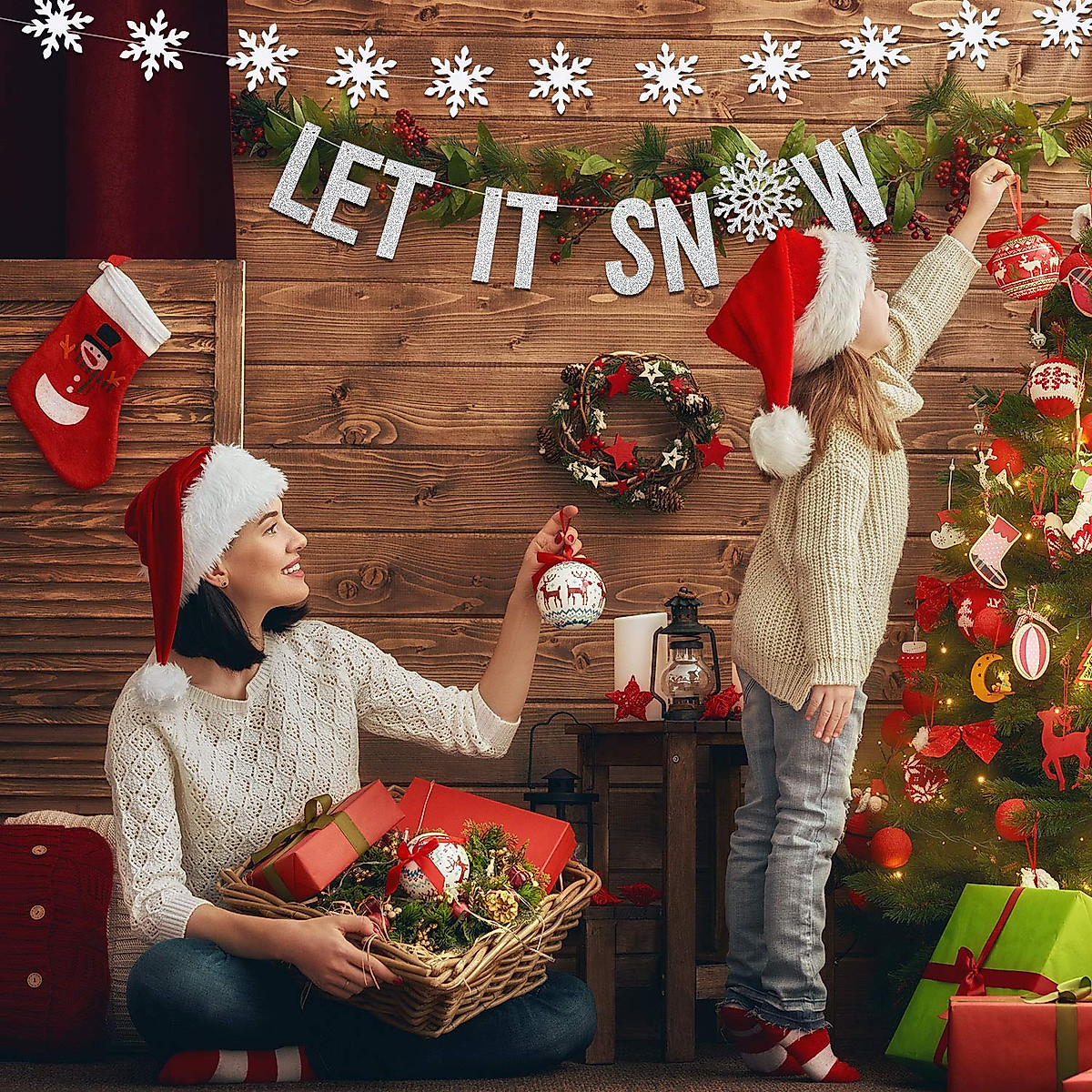2 Pieces Let It Snow Banner, Glitter Winter Snowflake Banner and White Snowflake Hanging Garland Flag for Holiday Wall Decoration Christmas Party Supply