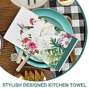 Seliem Summer Hummingbird Geranium Flower Bird Kitchen Dish Towel 2 Pack, Tropical Palm Leaf Monstera Plant Floral Hand Drying Baking Cloth, Spring Botanical Greenery Green Decor Home Decoration 18x26