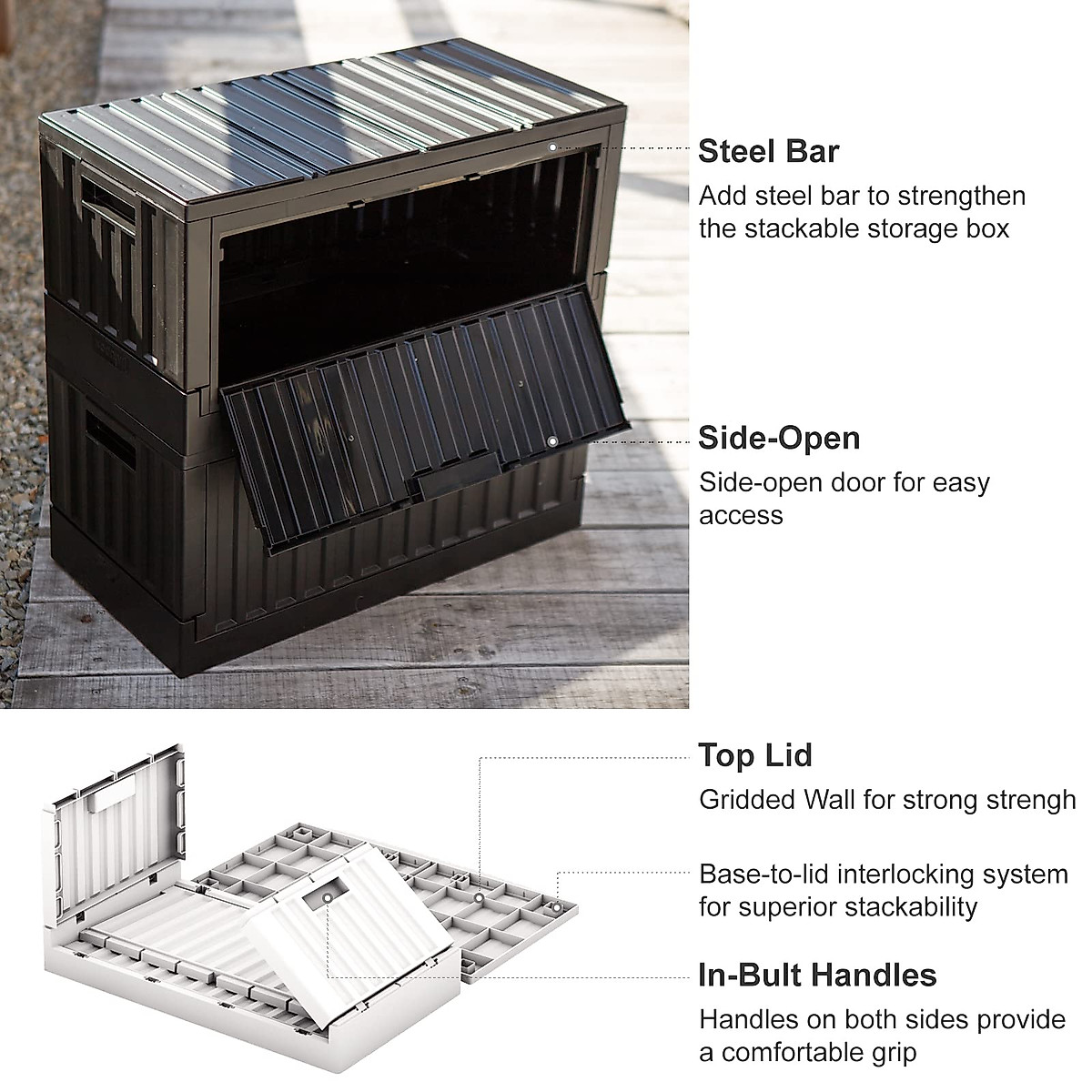 livinbox 45L Stackable Foldable bins for storage, Collapsible Storage Bins w/lids Side-Open Door, Home Office Bedroom Living Room Comic Books, Black, FB-6432S-BK