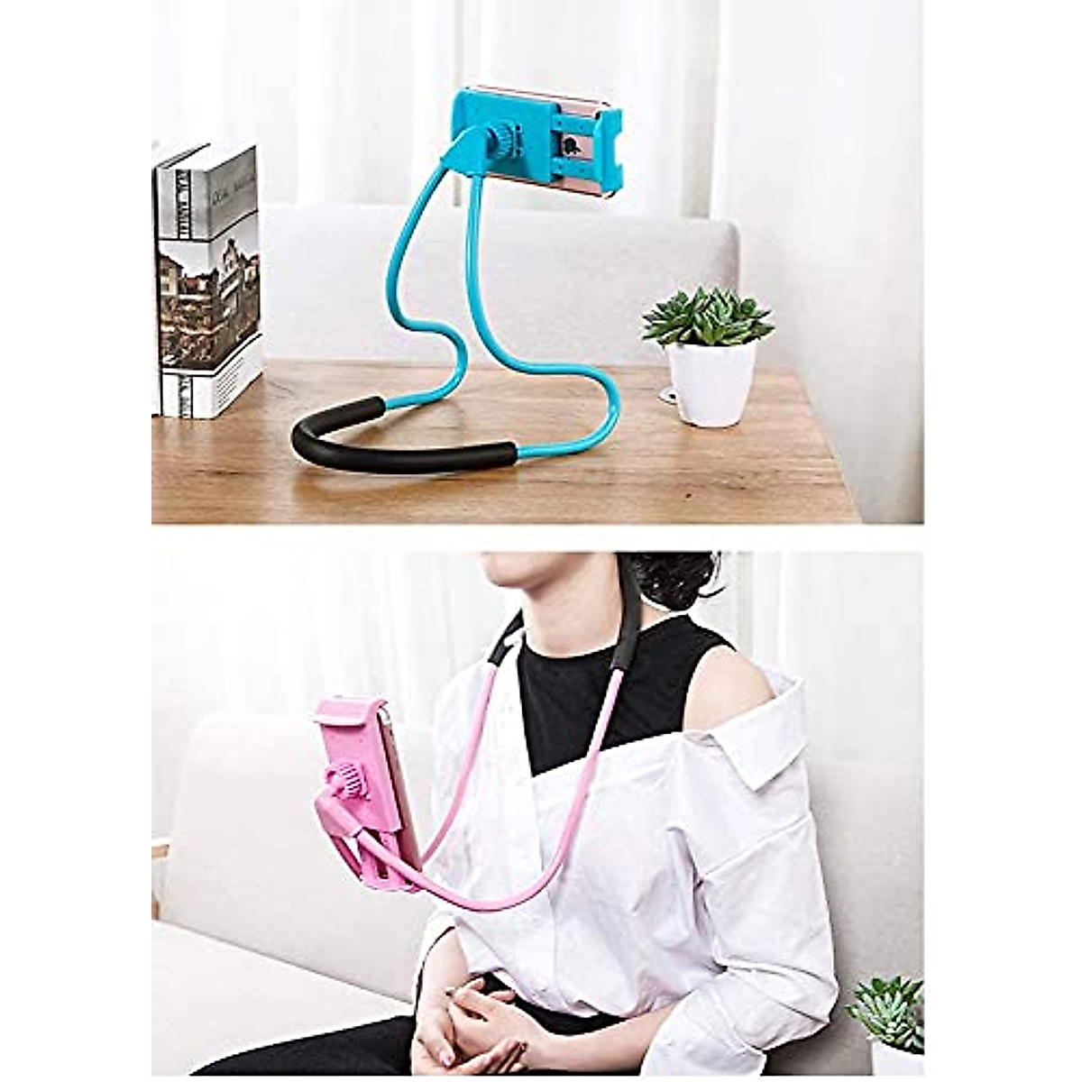 Lazy Cell Phone Mount Hanging on Neck, Hsxxf 360 Rotating Neck Holder DIY Flexible Mount Stand Multiple Functions Flexible Lazy Bracket for Phone (Black)