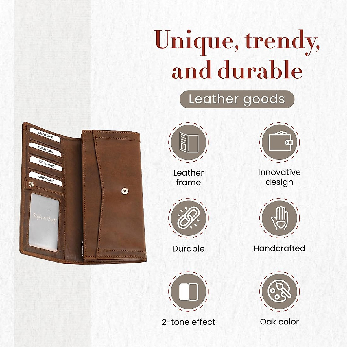 Style n Craft Ladies Long Clutch Wallet with Leather Frame, Full-Grain Leather Wallet for Women, Wallet with Multiple Card Holders, 2 Tone Vintage Effect, Oak (391106)