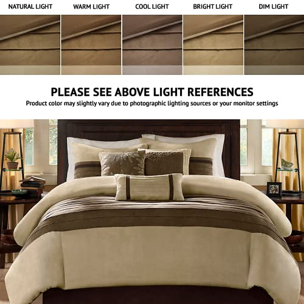 Madison Park Palmer Comforter Set-Luxury Faux Suede Design, Striped Accent, All Season Down Alternative Bedding, Matching Shams, Decorative Pillow, Bed Skirt, Queen (90 in x 90 in), Natural 7 Piece