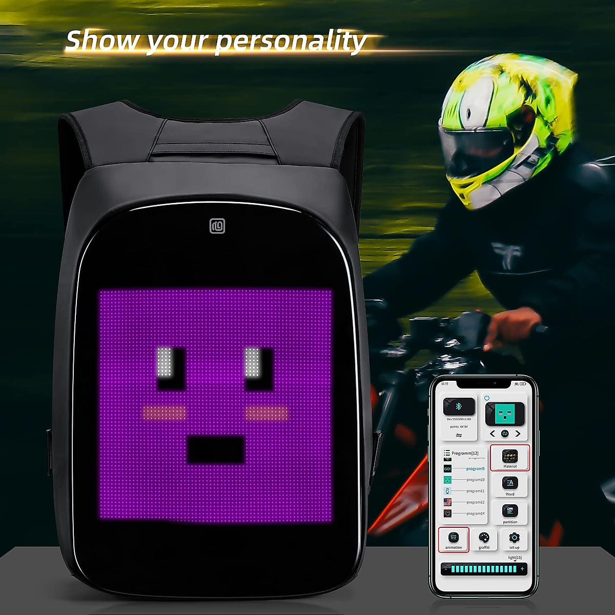 Gelrova LED Motorcycle Helmet Backpack Rampage Serise, 17 Inch Cool DIY Pixel Art Animation Fashion LED Display LaptopProgramming Backpack, Unique Gift for Men or Women