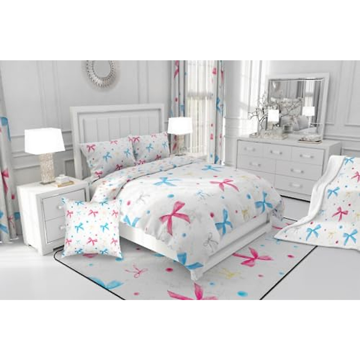 jejeloiu Girls Bowknot Duvet Cover Set 100% Cotton Twin Size Kids Dreamy Princess Style Bedding Set Teens Girly Colorful Kawaii Comforter Cover Super Soft Blue Pink Cotton Duvet Cover 2Pcs