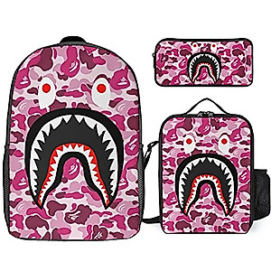 Shark Face Camo Pink Backpack Ba&p_e 3 Piece Set with Lunch Box Pencil Case Laptop Daypack Bookbag for School Travel