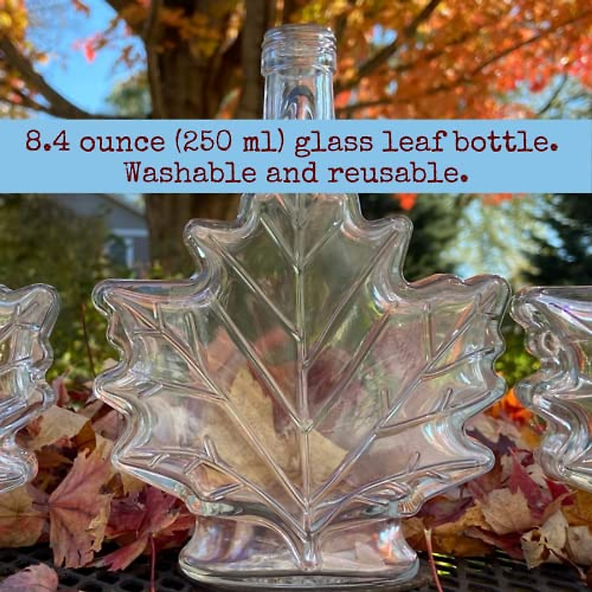 Maple Tapper Glass Maple Syrup Bottles Jars (Set of 3) with (6) Self-Sealing Caps – Reusable Leaf Shaped, Food Grade Canning Bottles 250 ml, 8.4 oz for Sugarmaking & 5 Recipe Cards, Instructions
