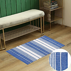 Asraie Eco Friendly Hand Woven & Reversible Cotton Stripe Rag Rug 100% Recycled Cotton Area Rug for Living Room Kitchen Entryway 2x3' (Steel Blue & White)