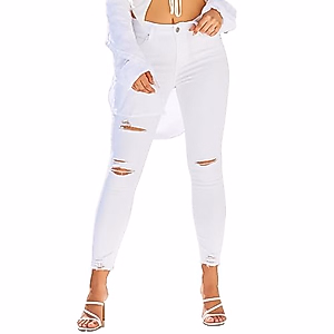 YMI Junior Womens Wannabettabutt Mid-Rise Sustainable Distressed Ankle Denim Jeans (White Rips, 11)