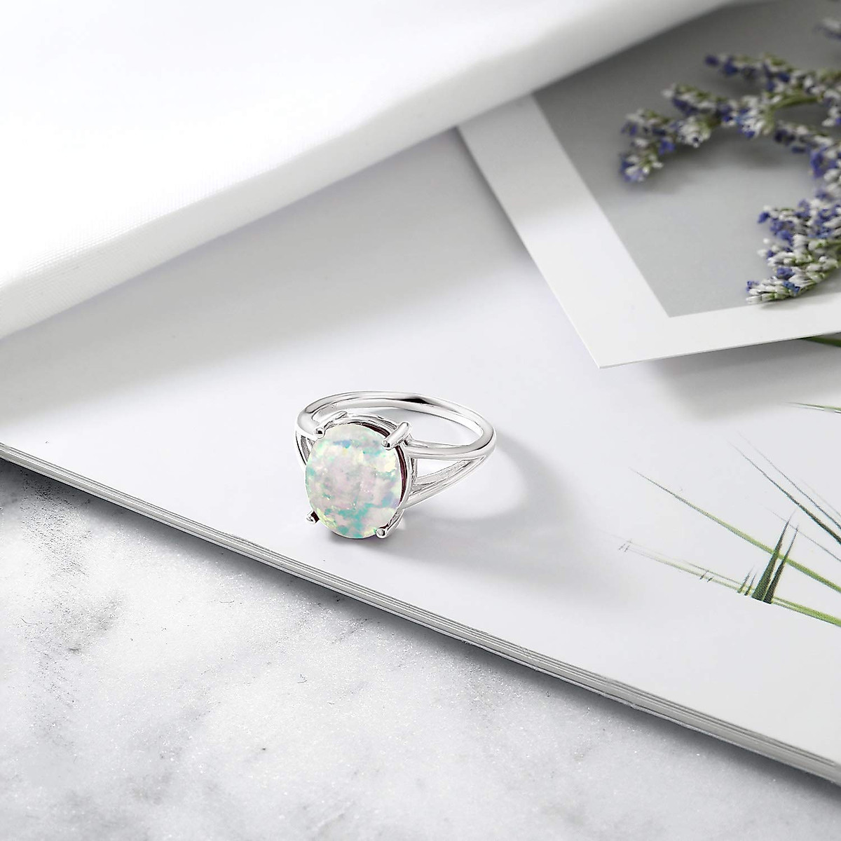Gem Stone King 925 Sterling Silver White Opal Ring For Women (4.00 Cttw, Gemstone October Birthstone, Oval Cabochon 12X10MM, Available In Size 5,6,7,8,9)