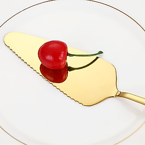 Ymeibe Stainless Steel Cake Server Pack of 10 Pie Holder Transfer Triangular Spade Spatula Serrated Edge for Pizza Cake Baking Safe in Dishwasher (Gold)