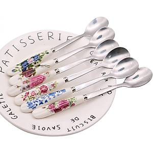 Aiptosy 6 Pack Stainless Steel Coffee Spoon Ceramic Handle Teaspoon Sugar Spoon Ice Cream Desert Spoon Stirring Soup tableware