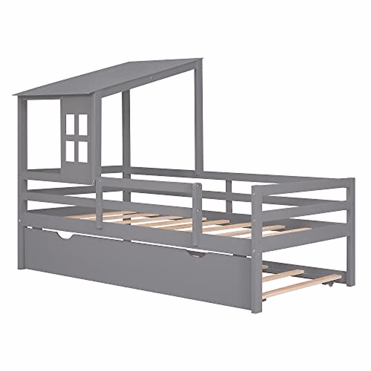 OPTOUGH Twin Size Low Loft Bed with Trundle,Wooden House Bed w/Roof and Window Design for Kids Teens Bedroom,Grey