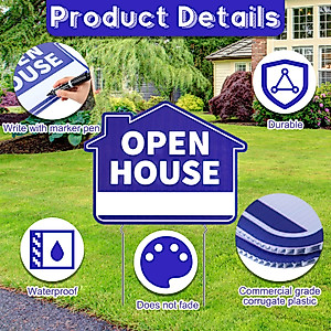 5 Pcs Open House Signs for Real Estate with Stakes 12 x 16 Inches Large Open House Sign Double Sided Estate Sale Signs with Directional Arrows Real Estate Agent Supplies (Blue)