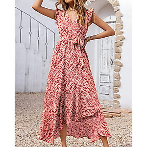 BTFBM Summer Floral Maxi Dress for Women 2025 Vacation Ruffle Sleeve V Neck Belt Wrap Spring Beach Wedding Guest Dresses(Floral Print Red, X-Large)