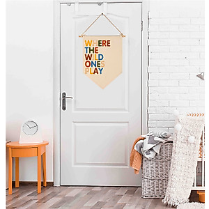 Where The Wild Ones Play - Canvas Hanging Pennant Flag Banner Wall Sign Decor Gift for Nursery Baby Kids Girl Boy Teen Bedroom Playroom Front Door- Baby Gift Shower Flay-Birthday Christmas Gift