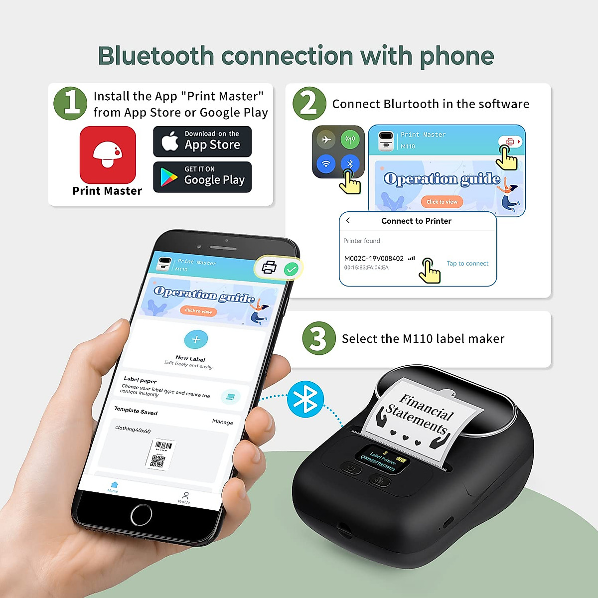 Phomemo M110 Portable Thermal Label Printer, Bluetooth Label Maker Machine for iOS & Android, Barcode Label Printer Machine for Small Business, Address, Office, with 1 Roll 40x30mm Label,Black