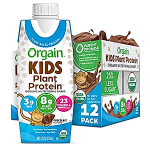 Orgain Organic Kids Vegan Protein Nutritional Shakes, Chocolate - 8g of Protein, Contains Fiber and 23 Vitamins and Minerals, Plant Based, No Gluten or Soy, Non-GMO, 8 Fl Oz (Pack of 12)