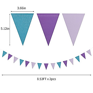 Mermaid Party decorations Pennant Banner - 2 Pack Glitter Purple Blue Under The Sea Paper Triangle Flags Garland, Little Mermaid Theme Girls Birthday Wedding Baby Shower Party Bunting Panduola