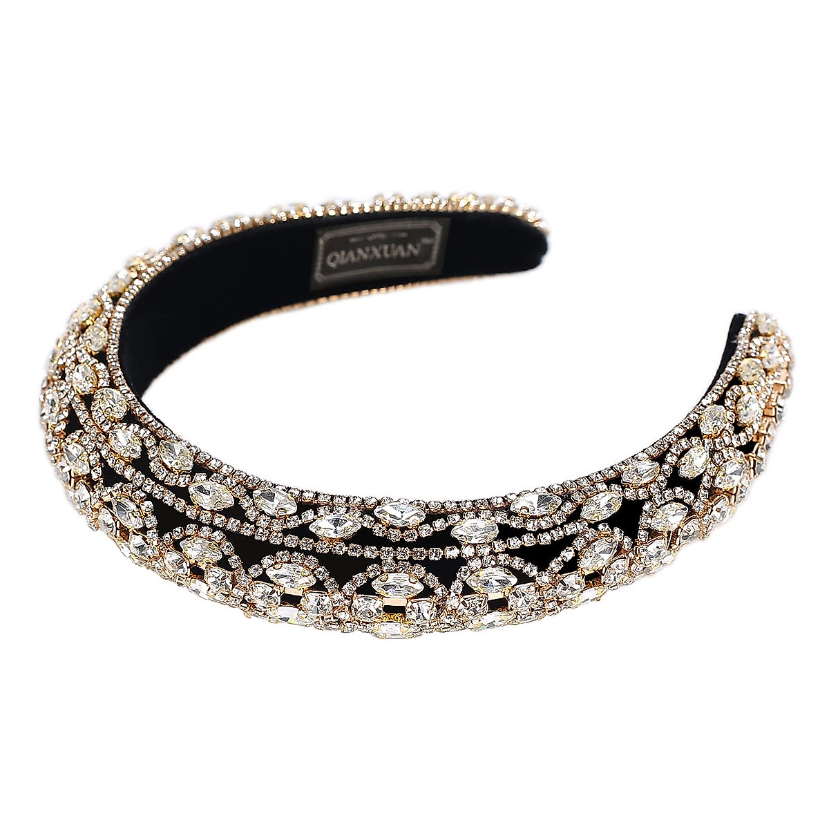 QIANXUAN Crystal Rhinestone Headbands For Women White Pearl Headbands For Girls Padded Headband Black Velvet Jewelry Chain Hairband Handmade Pearly Flower Retro Filling Diamond Hair Accessories
