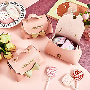 Dandat 24 Pcs PU Leather Bowknot Gift Boxes 5x3 Inch Reusable Candy Gift Favor Boxes with Bow Mini Bowknot Handbag Purse Gift Bags with Handles for Wedding Baby Shower Birthday Party Favor Bag (Pink)
