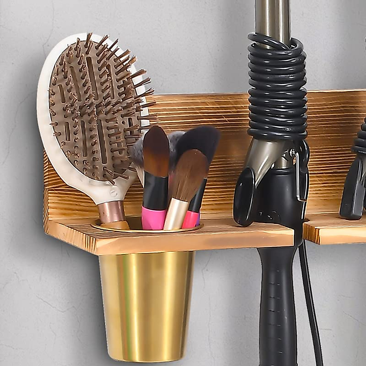 UPTRUST Wall Mount Hair Tool Organizer, Set of 2 Layer Rustic Wooden Dryer Holder Rack, Hair Product Organizer Tray for Hair Dryer with 4 Hooks