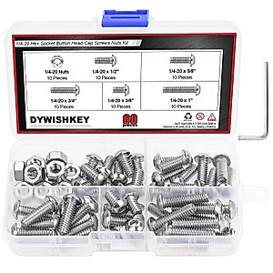 DYWISHKEY 60 Pieces 1/4-20 x 3/8" 1/2" 5/8" 3/4" 1" Stainless Steel 304 UNC Threads Hex Button Head Cap Screws Bolts and Nuts Assortment Kit with Hex Wrench
