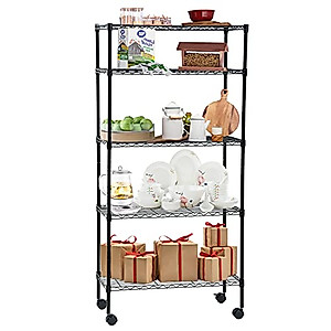 PIKAQTOP 5-Tier Heavy Duty Metal Shelves for Storage Kitchen Garage (750LBS Capacity), Industrial Commercial-Grade Shelves w/Wheels & Leveler Feet, Height Adjustable Wire Rack Shelving for Pantry