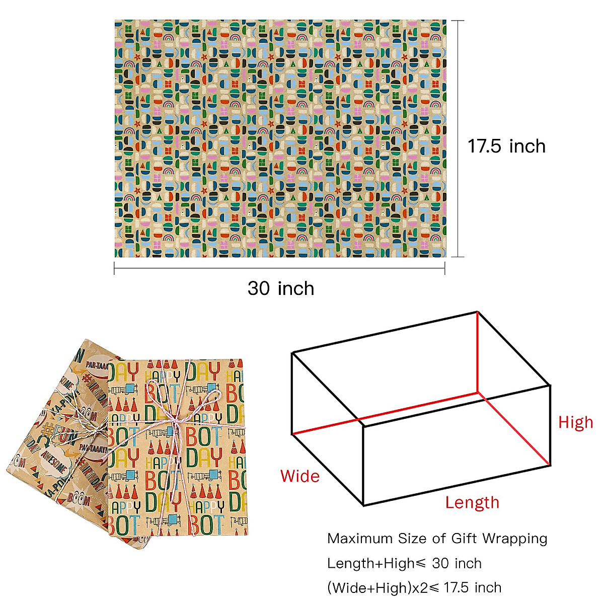 RUSPEPA Wrapping Paper Sheets Birthday Design - 17.5 x 30 inches Each Sheet, Total of 6 Sheets Packed in 1 roll