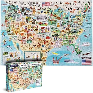 Puzzles for Adults 1000 Pieces - Illustrated US Map Puzzle - United States USA 1000 Piece Puzzle for Adults and Kids Puzzles - 100% Recycled Cardboard by bopster
