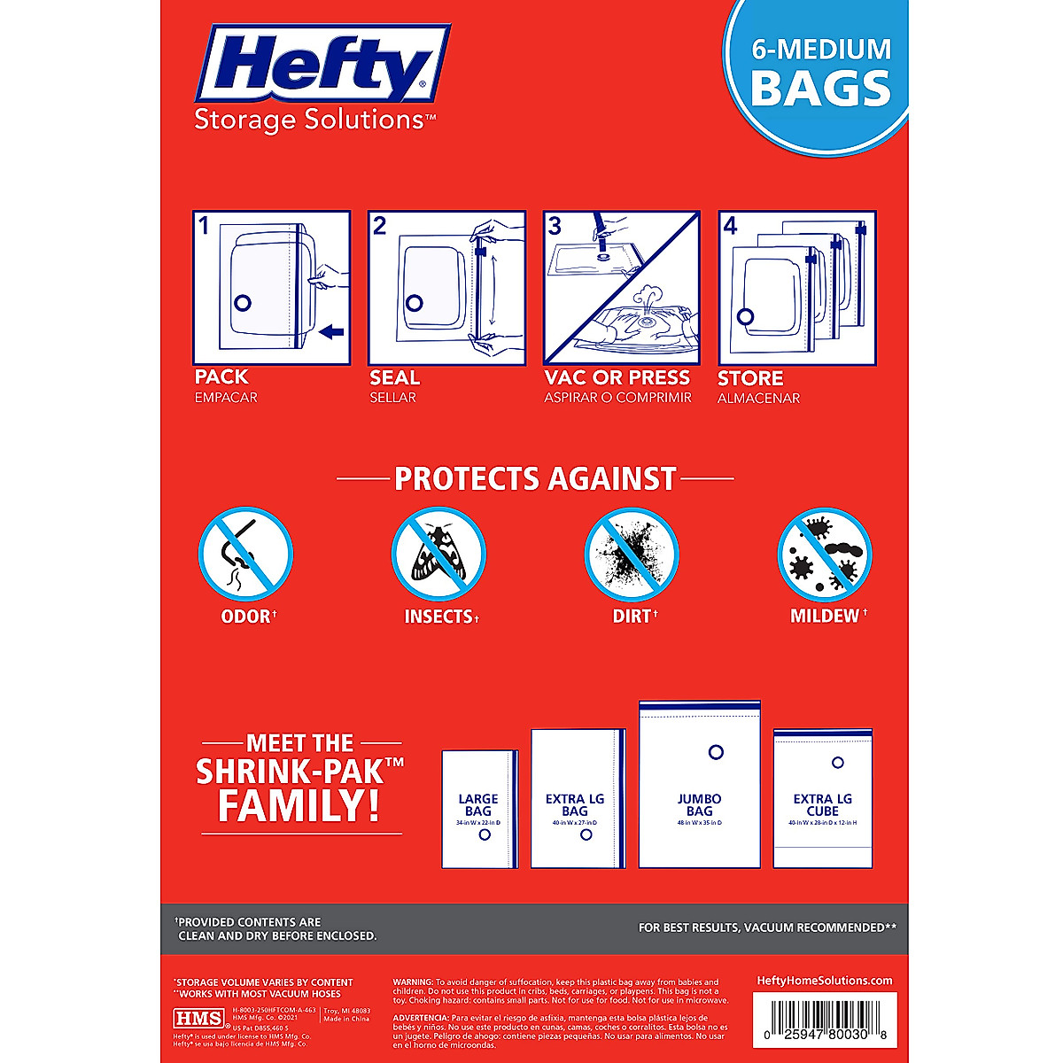 Hefty Shrink-Pak Vacuum Storage Bags – For Clothes, Pillows, Towels, Blankets & More – Space Saver Vacuum Suction Sealer Bags for Home or Travel – 6 Medium Bags, 23 x 18 Inches