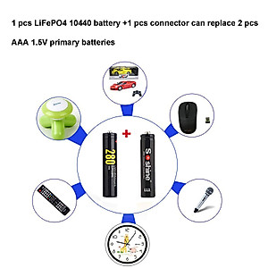 Soshine 10440 LiFePO4 Rechargeable Batteries,3.2V 280mAh Battery with Connector 6 Pack