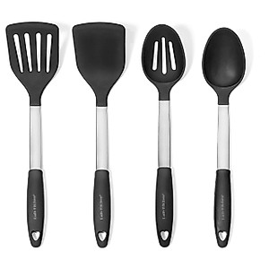 Daily Kitchen Utensil Set Silicone and Stainless Steel - Heat Resistant Cooking Utensils for Non Stick Cookware - Silicone Spatulas and Spoons for Cooking, Baking, Fried, Mixing, Serving - 4-Piece Set