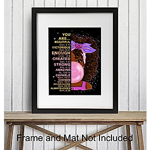 Black African American Girl Wall Art & Decor - Black Art - Positive Affirmations - Christian Bible Verses - Inspirational Positive Quotes - Pink Little Girls Bedroom Decor - Toddler Girls Bedroom
