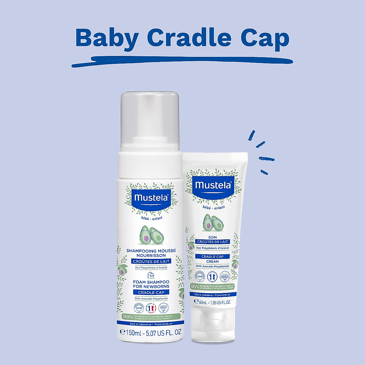 Mustela Baby Cradle Cap Bundle - Natural Baby Shampoo & Cradle Cap Cream - with Natural Avocado - 2 Piece Set