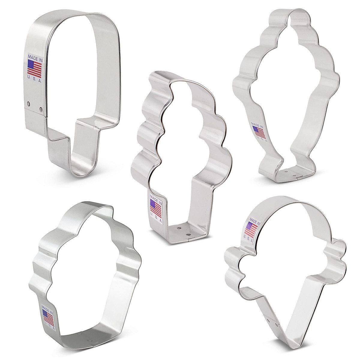 Ice Cream and Sweets Birthday Cookie Cutter 5-Pc Set Made in USA by Ann Clark, Ice Cream Cone, Soft Serve Cone, Popsicle, Ice Cream Sundae
