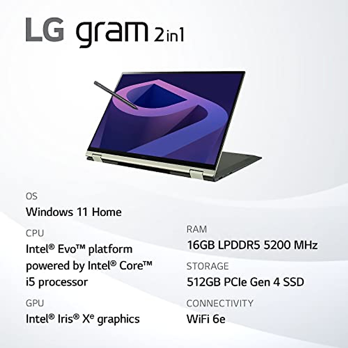LG gram (2022) Laptop 16T90Q 2-in-1 16" Touchscreen, Intel Evo 12th Gen Core i5, 16GB RAM, 512GB SSD, Windows 11, Green