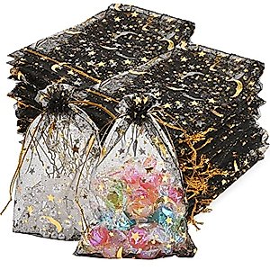 FUSHENMU 100pcs 4x6 Inch Black Organza Jewelry Gift Bag,Moon Star Drawstring Candy Bag Pouch for Wedding Baby Shower Party Gift Wrapping Supply
